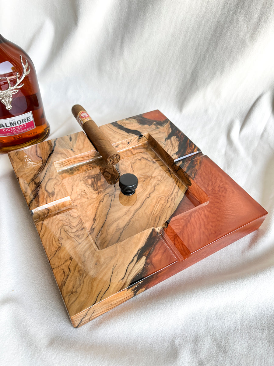 Wood and epoxy resin cigar ashtray with metallic orange resin ...