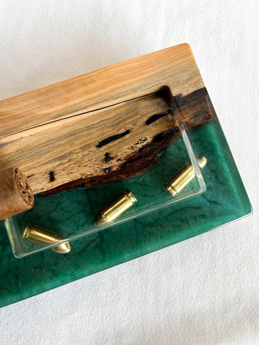 Epoxy and wooden cigar ashtray with real bullets – Turquoise Concept