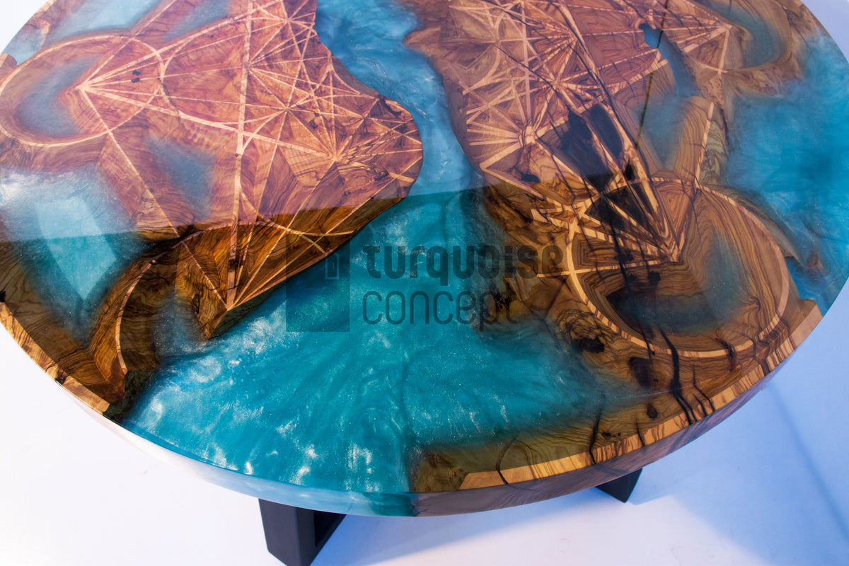 O Metatron Turq Metallic Round Epoxy Table – Turquoise Concept